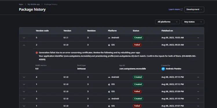 Mobile Package History | OutSystems